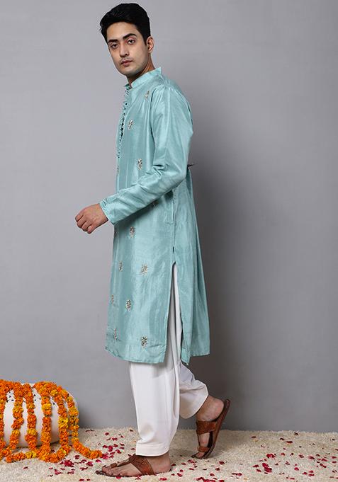 Buy Turquoise Blue Dabka Work Kurta Set For Men - MKS00382 - Menero - Indya