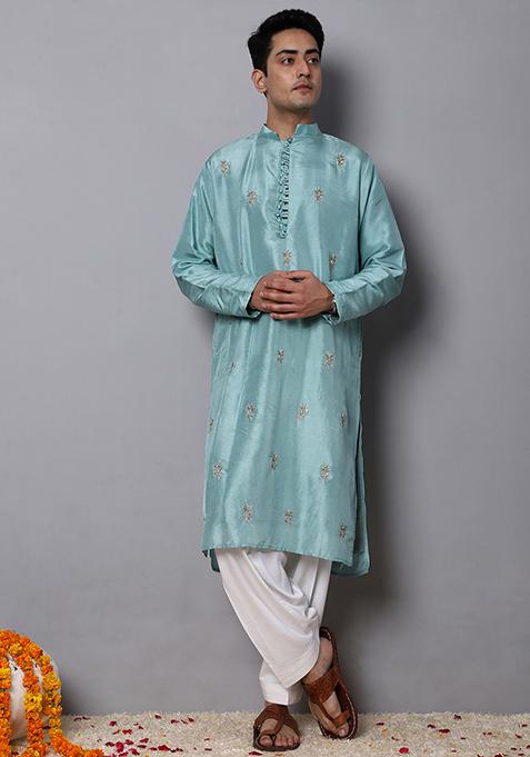 Buy Turquoise Blue Dabka Work Kurta Set For Men - MKS00382 - Menero - Indya
