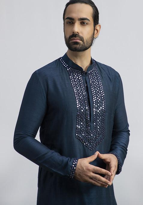 Buy Navy Blue Heavy Mirror Work Kurta Set For Men - MKS00462 - KAKA ...