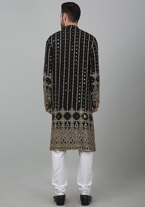 Buy Black Sequin Embroidered Jahanuma Mughal Kurta Set For Men - AHAM ...