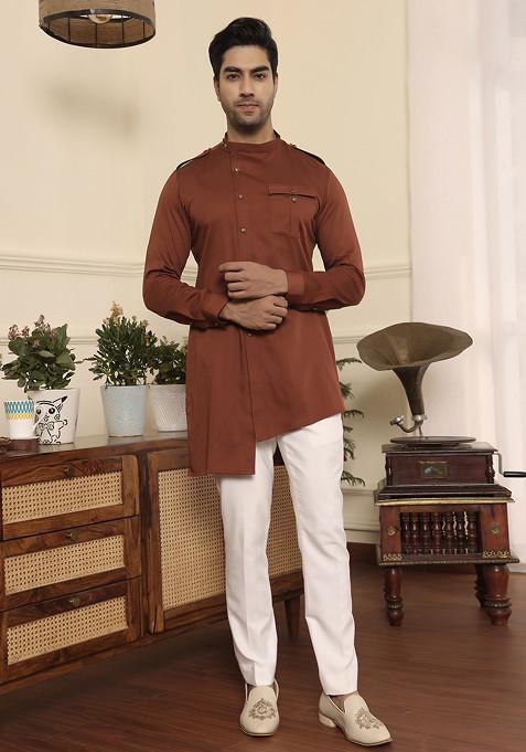 Buy Rust Asymmetrical Kurta Set For Men - Kustom Eyes - Indya