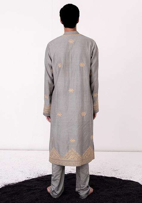 Buy Silver Dori Embroidered Chanderi Kurta Set For Men - Wabi Sabi - Indya