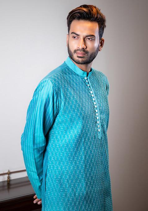 Buy Turquoise Blue Diagonal Pintuck Kurta Set For Men - Darshika - Indya