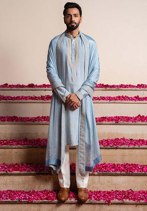 Buy Blue Azure Kurta And Stole For Men - MKS00669 - Ayush Jain - Indya