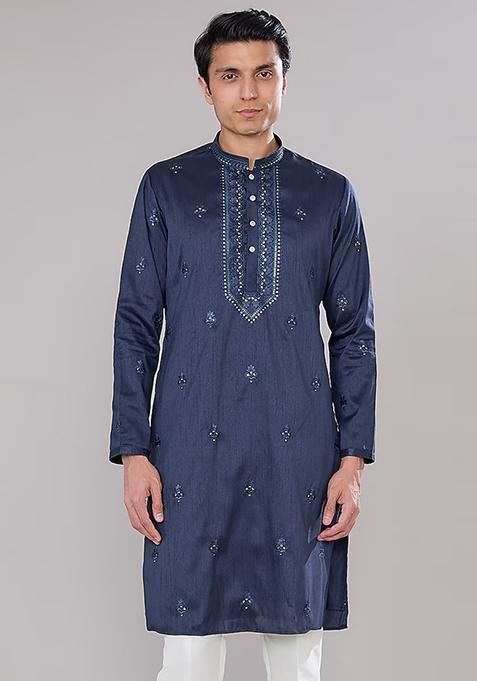 Buy Royal Blue Embroidered Kurta Set For Men - RNG SAFAWALA - Indya