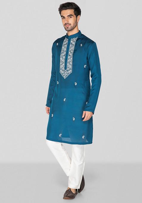 Buy Classic Blue Embroidered Jennifer Silk Kurta Set For Men - MKS00885 ...
