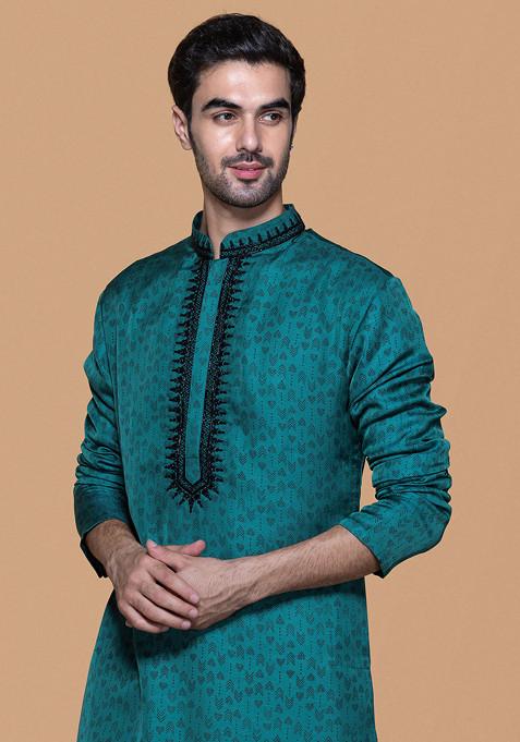 Buy Pine Green Embroidered Jennifer Silk Kurta Set For Men - SANJEV ...
