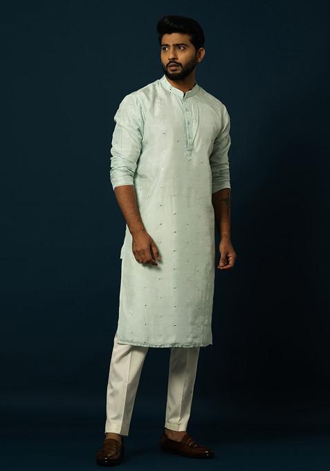 Buy Light Blue Embroidered Silk Kurta Set For Men - MKS00896 - Fits for ...