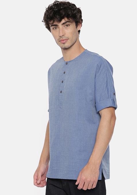 Buy Denim Blue Cotton Short Kurta For Men - MKT00044 - Summer Edit - Indya