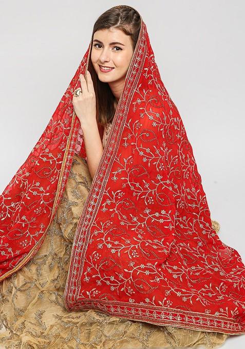 Buy Women Red And Silver Toned Paisley Embroidered Dupatta - MMD00241 ...