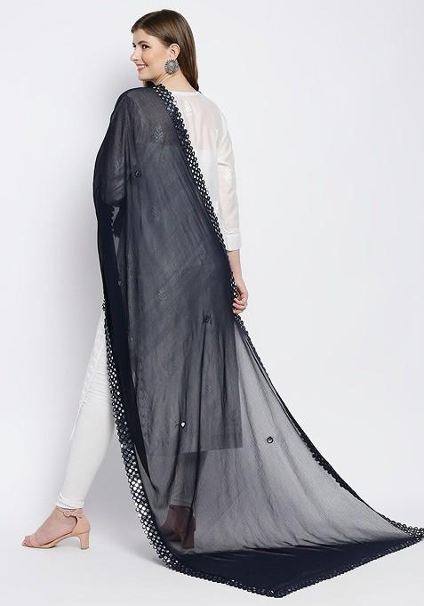 Buy Women Navy Blue And Silver Toned Dupatta With Mirror Work ...