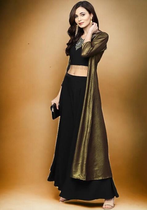 Buy Women Black Printed Top And Skirt Coords With Shrug Ethnic Coords ...