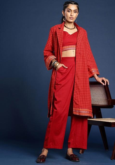 Buy Women Red Woven Festive Shoulder Straps Crop Top With Trousers And ...