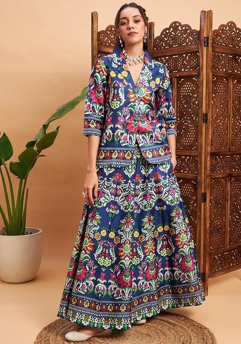 Buy Women Navy Blue Floral Printed Blazer With Skirt Coords - MMF03652 ...