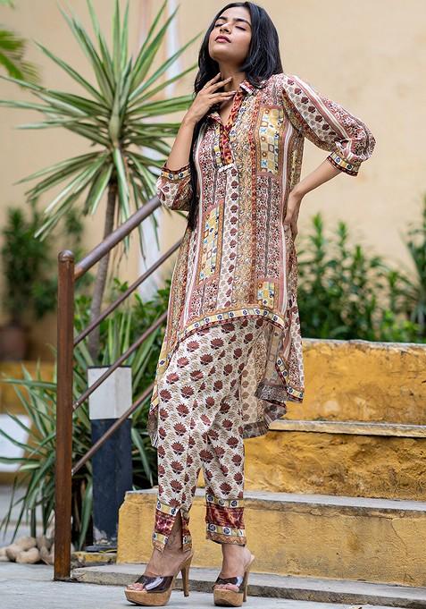 Buy Women Brown Ethnic Motifs Printed Shirt Collar Top And Flared ...