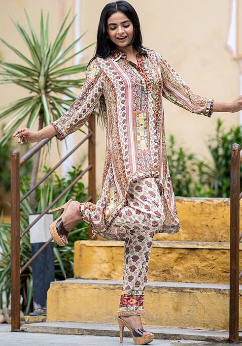 Buy Women Brown Ethnic Motifs Printed Shirt Collar Top And Flared ...