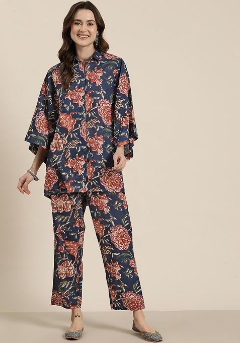 Buy Women Blue Pure Cotton Floral Print Coords - MMF04121 - Co-Ords - Indya
