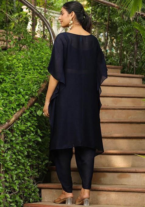 Buy Women Navy Blue Yoke Embroidered Kaftan Top And Trousers Coords ...