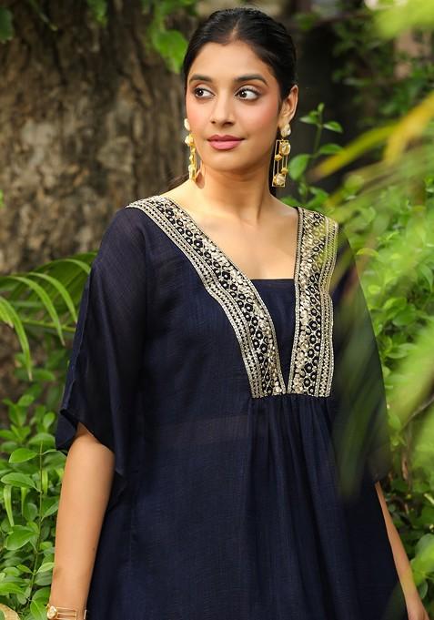 Buy Women Navy Blue Yoke Embroidered Kaftan Top And Trousers Coords ...