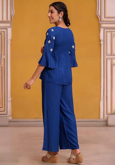 Buy Women Blue Embroidered Top And Trousers Coords - MMF04432 - Co-Ords ...