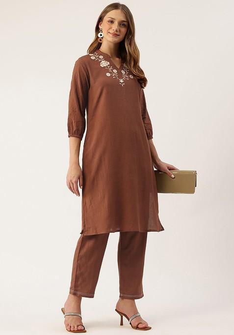 Buy Women Brown Embroidered Pure Cotton Coords - MMF04513 - Co-Ords - Indya