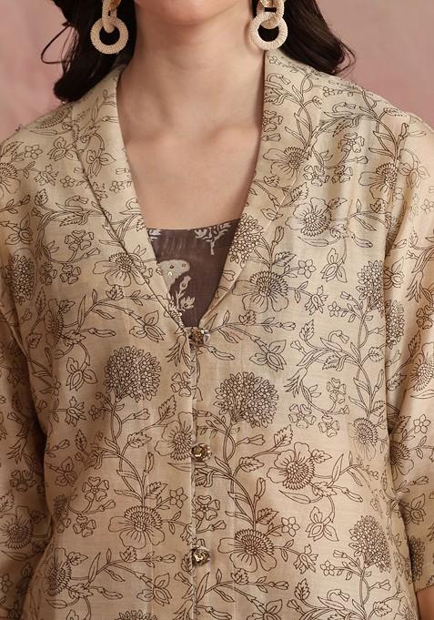 Buy Women Brown Floral Printed Croppedtop With Trouser And Jacket ...