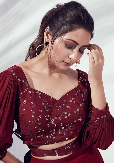 Buy Women Maroon Ethnic Motifs Embroidered Sequinned Top With Palazzos ...