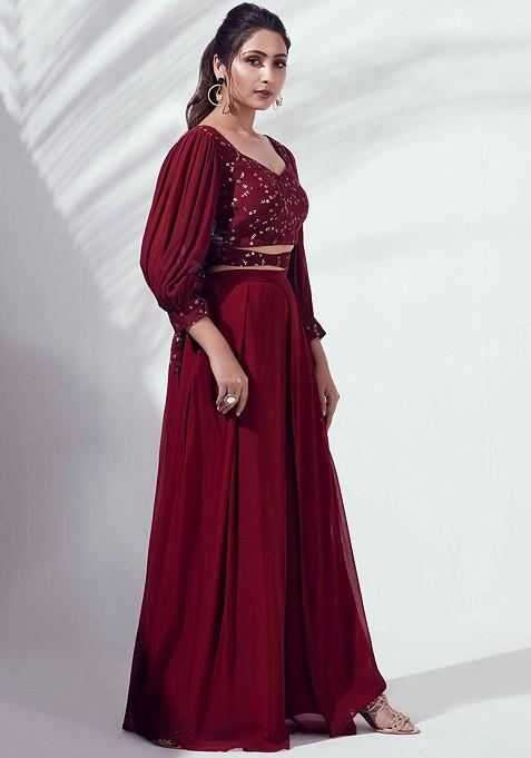 Buy Women Maroon Ethnic Motifs Embroidered Sequinned Top With Palazzos ...