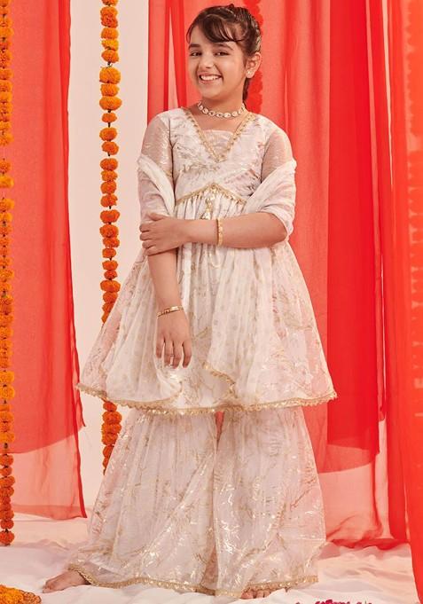 Buy Women White Printed Poly Blend Sharara Set With Dupatta For Girls ...