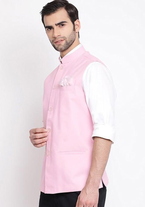 Buy Pink Solid Poly Blend Nehru Jacket For Men - MMJ01065 - Nehru ...