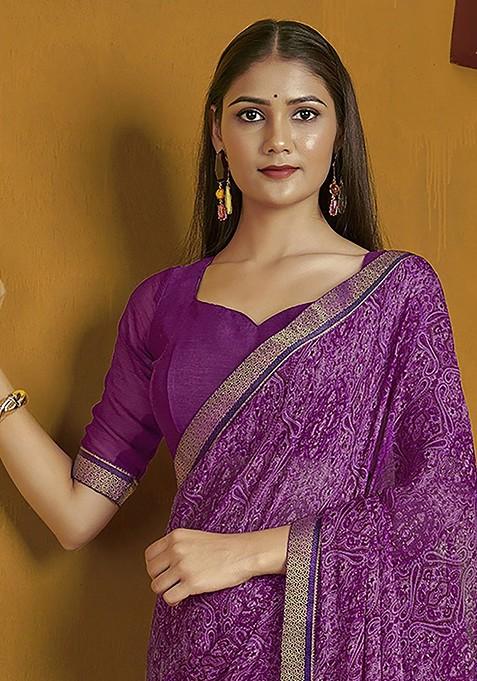 Buy Women Purple Printed Blended Saree Set - MMP04475 - Printed - Indya