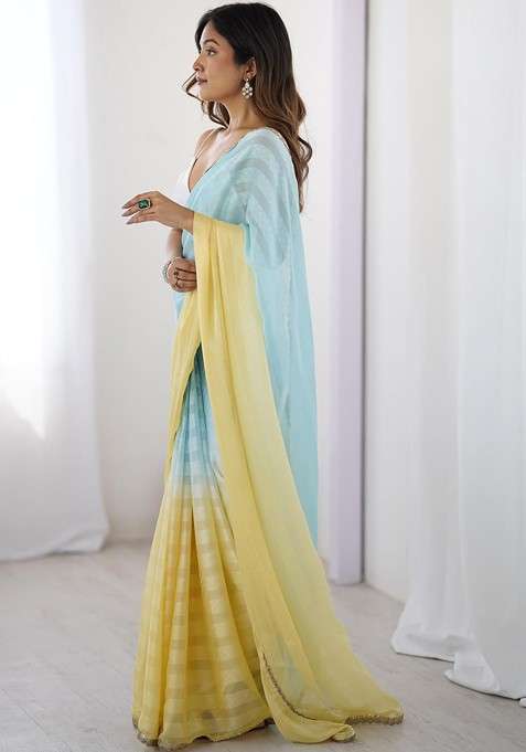Buy Women Yellow Printed Blended Saree Set - MMP11903 - Women - Indya