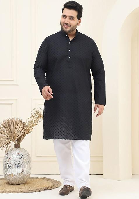 Buy Black Thread Work Cotton Kurta Set For Men - MMS01870 - Fits for ...