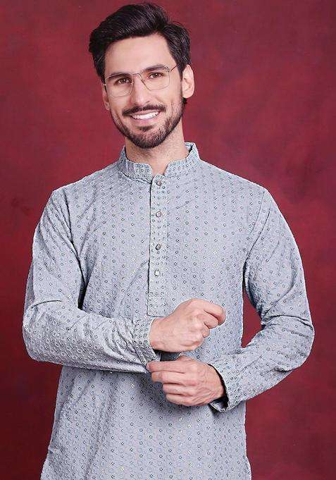 Buy Light Blue Embroidered Viscose Kurta Set For Men - MMS21963 ...