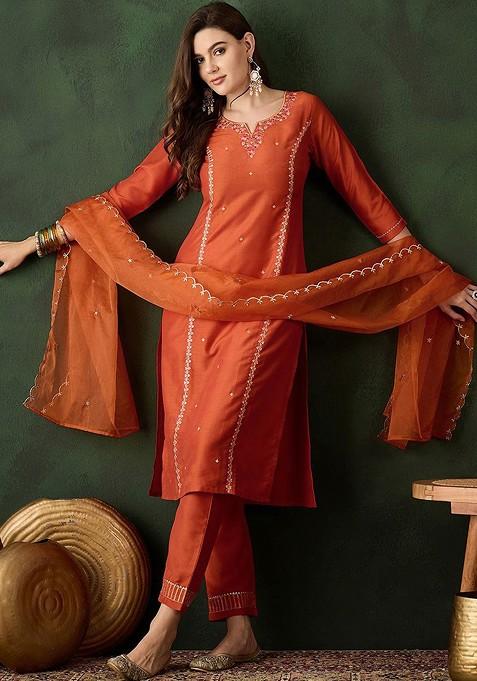 Buy Women Orange Embroidered Blended Kurta Set - MMT05307 - Salwar ...