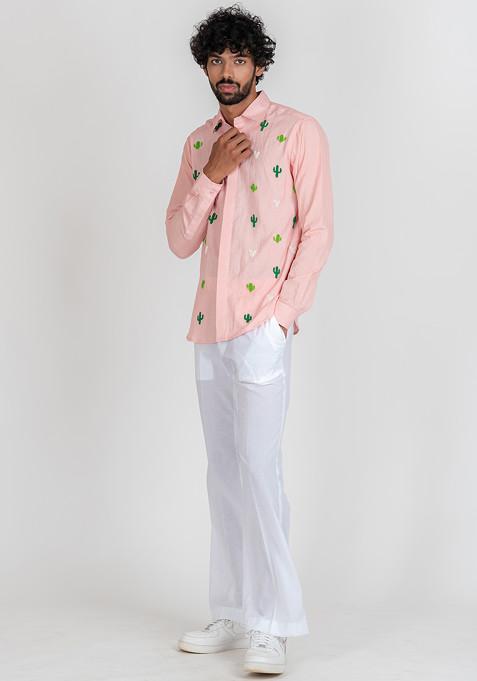 Buy Pink Hand Embroidered Cacti High Shirt For Men - Runit Gupta - Indya