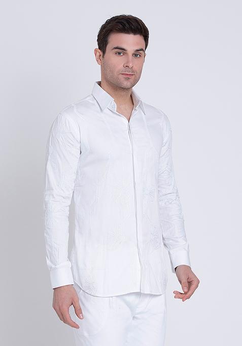 Buy Ivory Embroidered Cotton Satin Shirt For Men - Arun Verma - Indya