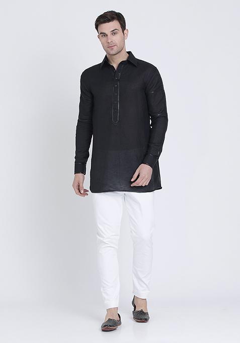 Buy Black Embroidered Linen Shirt For Men - MSH00444 - Arun Verma - Indya
