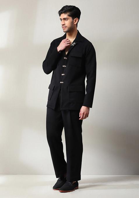 Buy Black Suede Velvet Blazer Set For Men - MST00099 - Soniya G - Indya