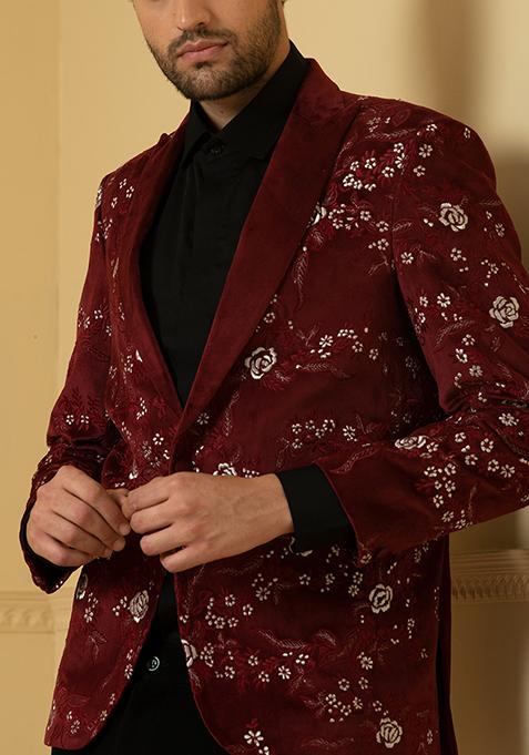 Buy Maroon Embroidered Velvet Blazer Set For Men - MST00123 - Hilo ...