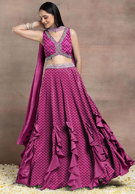 Buy Women Rani Pink Ruffled Lehenga Set With Sequin Pearl Hand ...