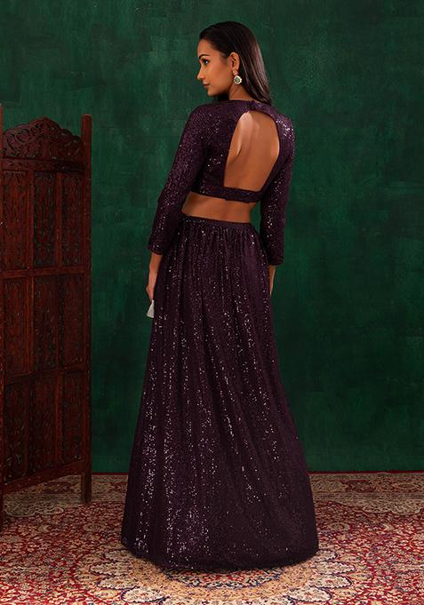 Buy Women Grey Sequin Thread Embroidered Lehenga Set With Blouse And
