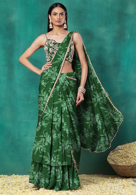 Buy Women Green Tiered Pre-Stitched Saree Set With Pearl Hand ...