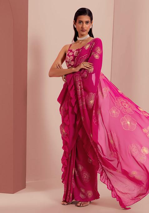 Buy Women Hot Pink Floral Foil Print Pre-Stitched Saree (Without Blouse ...
