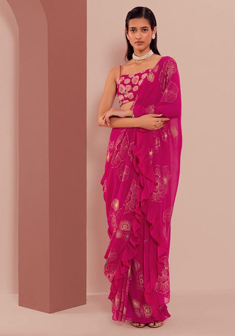 Buy Women Hot Pink Floral Foil Print Pre-Stitched Saree (Without Blouse ...