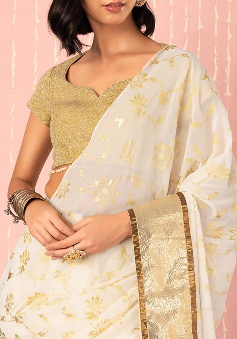 Buy Women Ivory Floral Foil Print Pre-Stitched Saree (Without Blouse ...