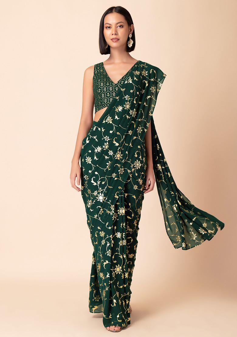 Buy Women Dark Green Floral Foil Print Pre-Stitched Saree (Without ...