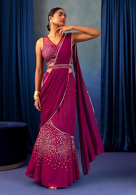 Buy Women Wine Foil Print Fish Cut Pre-Stitched Saree With Blouse And ...