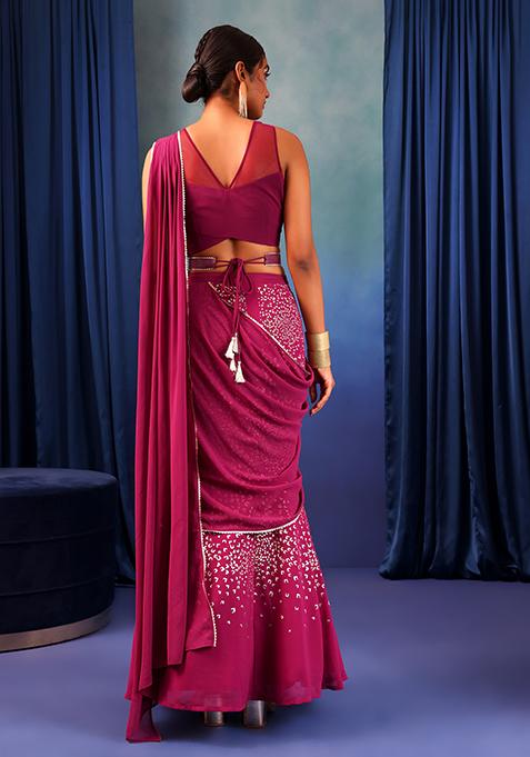Buy Women Wine Foil Print Fish Cut Pre-Stitched Saree With Blouse And ...