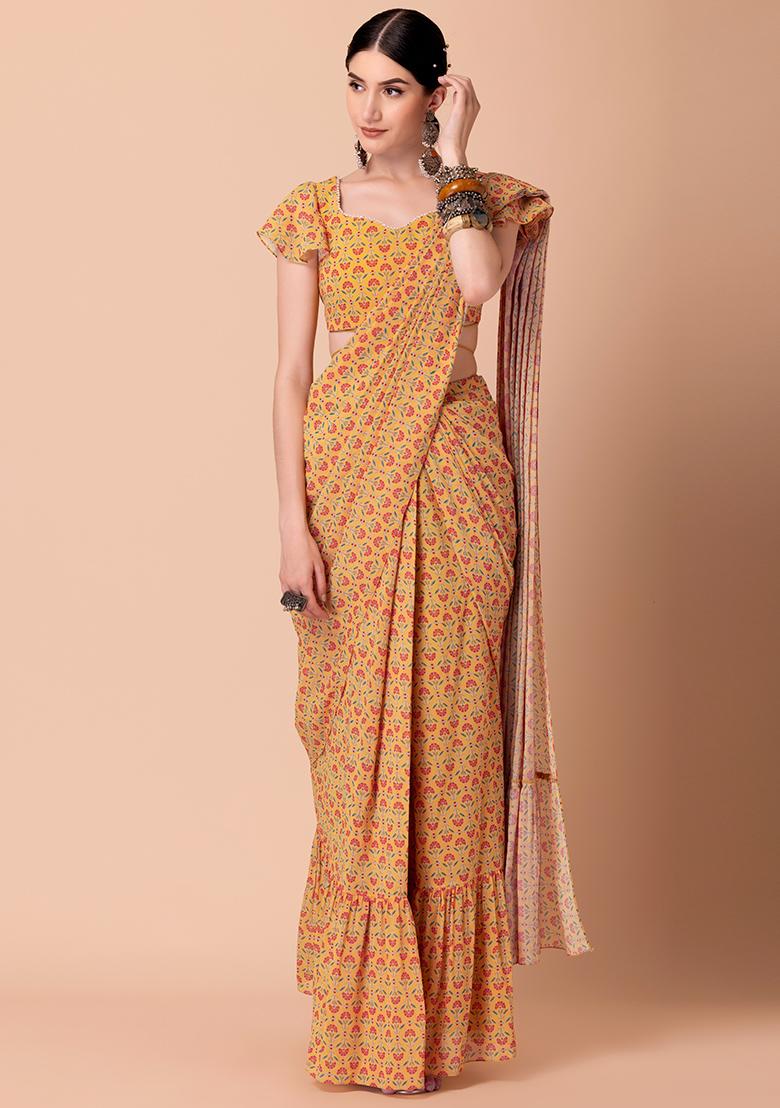 Buy Women Yellow Floral Tiered Pre-Stitched Saree (Without Blouse ...